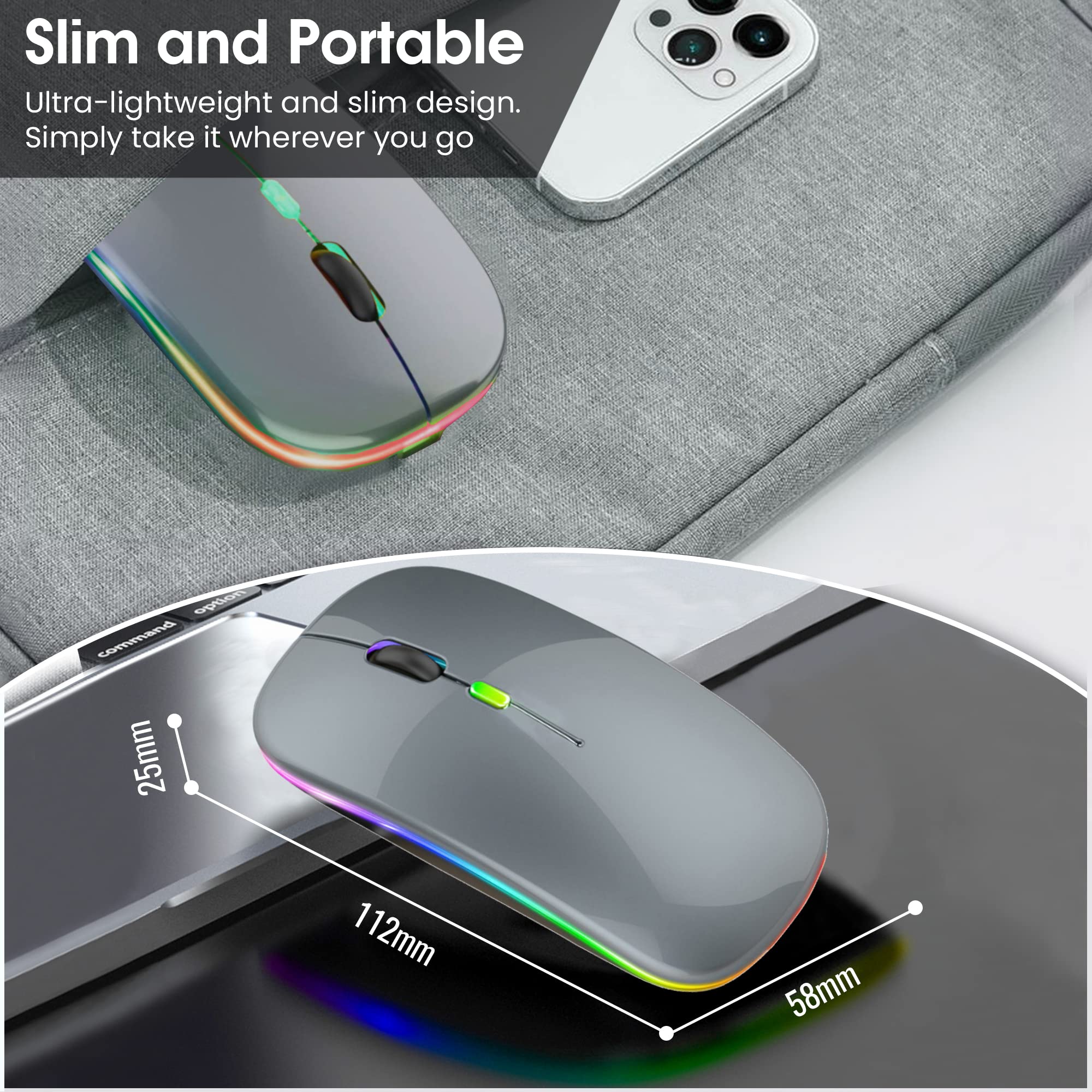 GLOBAL TECH Wireless Mouse, Rose Gold, 2.4GHz, USB Rechargeable, 3 Adjustable DPI Levels, LED Lights, Plug and Play