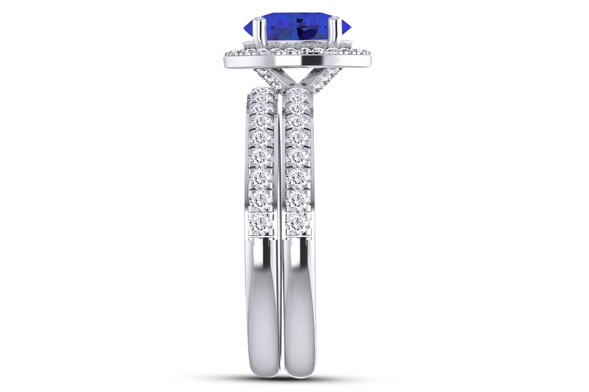 GEMVIO Collection 8X6MM Oval Cut Lab Created Blue Sapphire Gemstone & Natural Diamond Halo Bridal Set Engagement Ring In 14K White Gold Over Sterling Silver Anniversary Wedding Ring (1.40 Cttw)-9