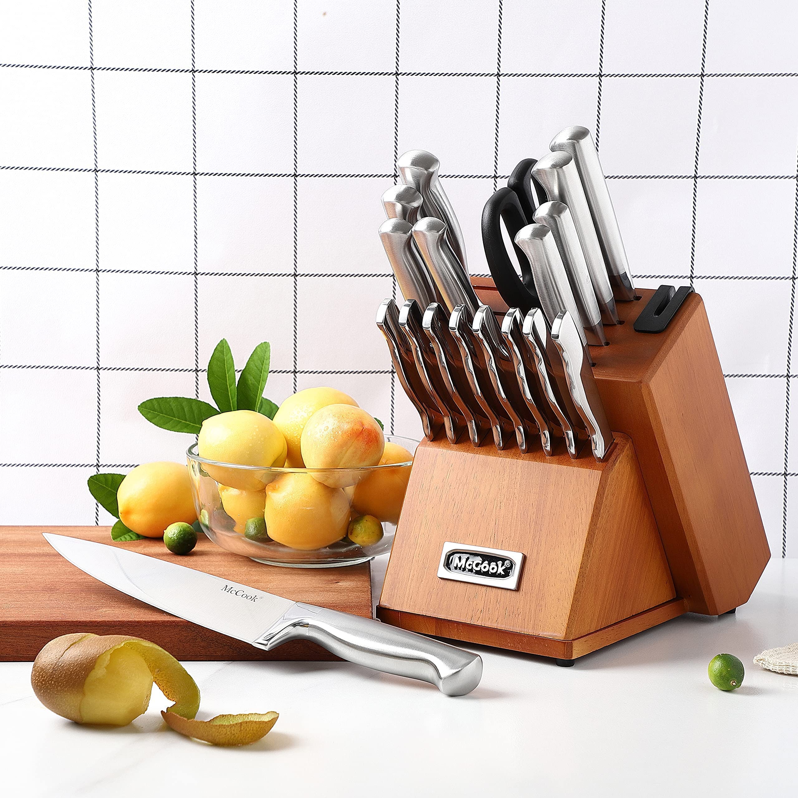MC69 20 Pieces German Knives Block Set with Built-in Sharpener + MCW12 Bamboo Cutting Board(Large, 17"x12"x1")