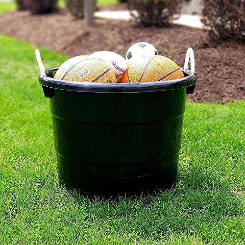 Homz 18 Gallon Durable Plastic Utility Storage Bucket Tub Organizers with Strong Rope Handles for Indoor and Outdoor Use, Black, 6 Pack