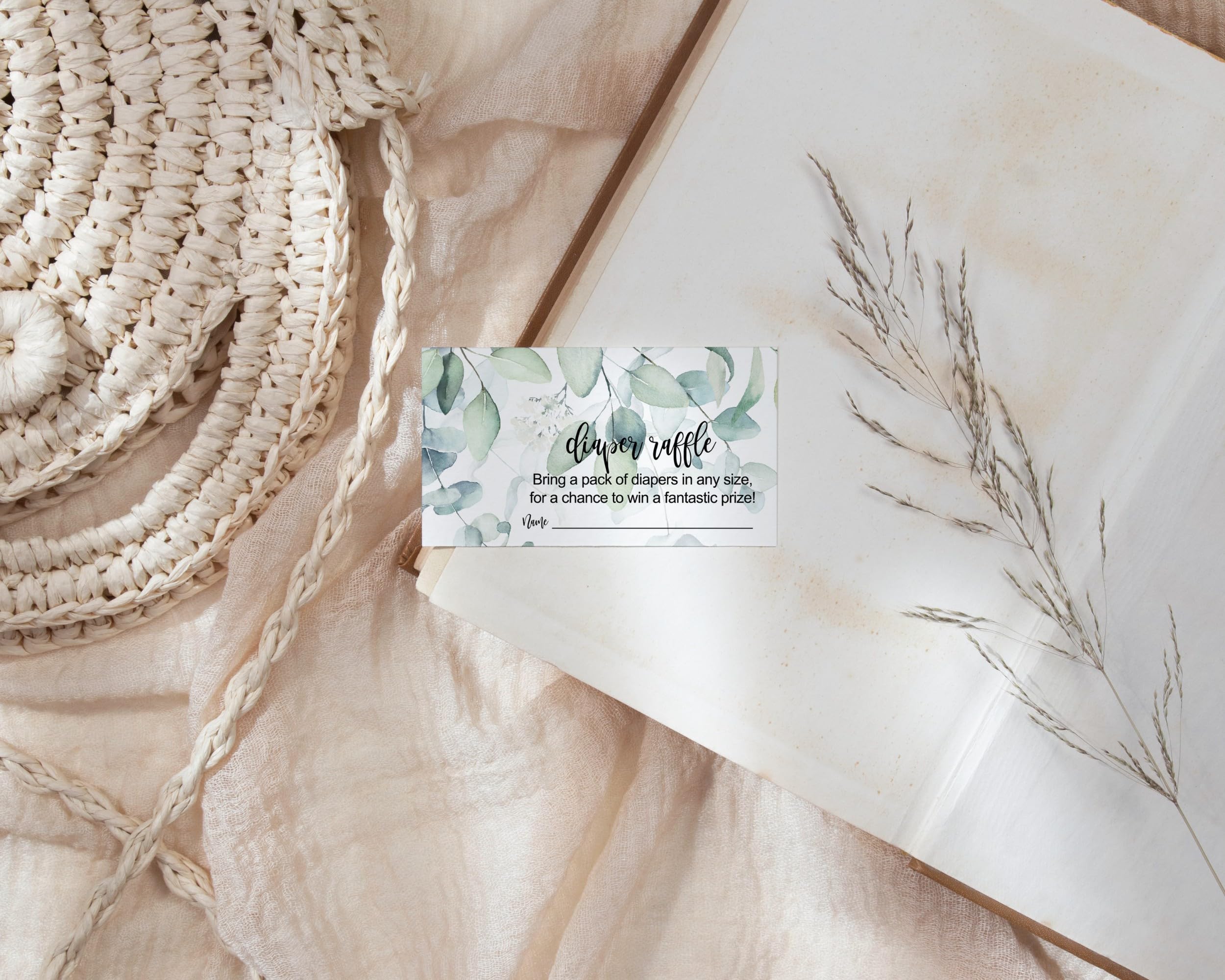 Greenery Diaper Raffle Tickets, Rustic Baby Shower Games for Prizes, Girls Baby Shower Diaper Raffle Invitation Insert Cards, 50 Pack