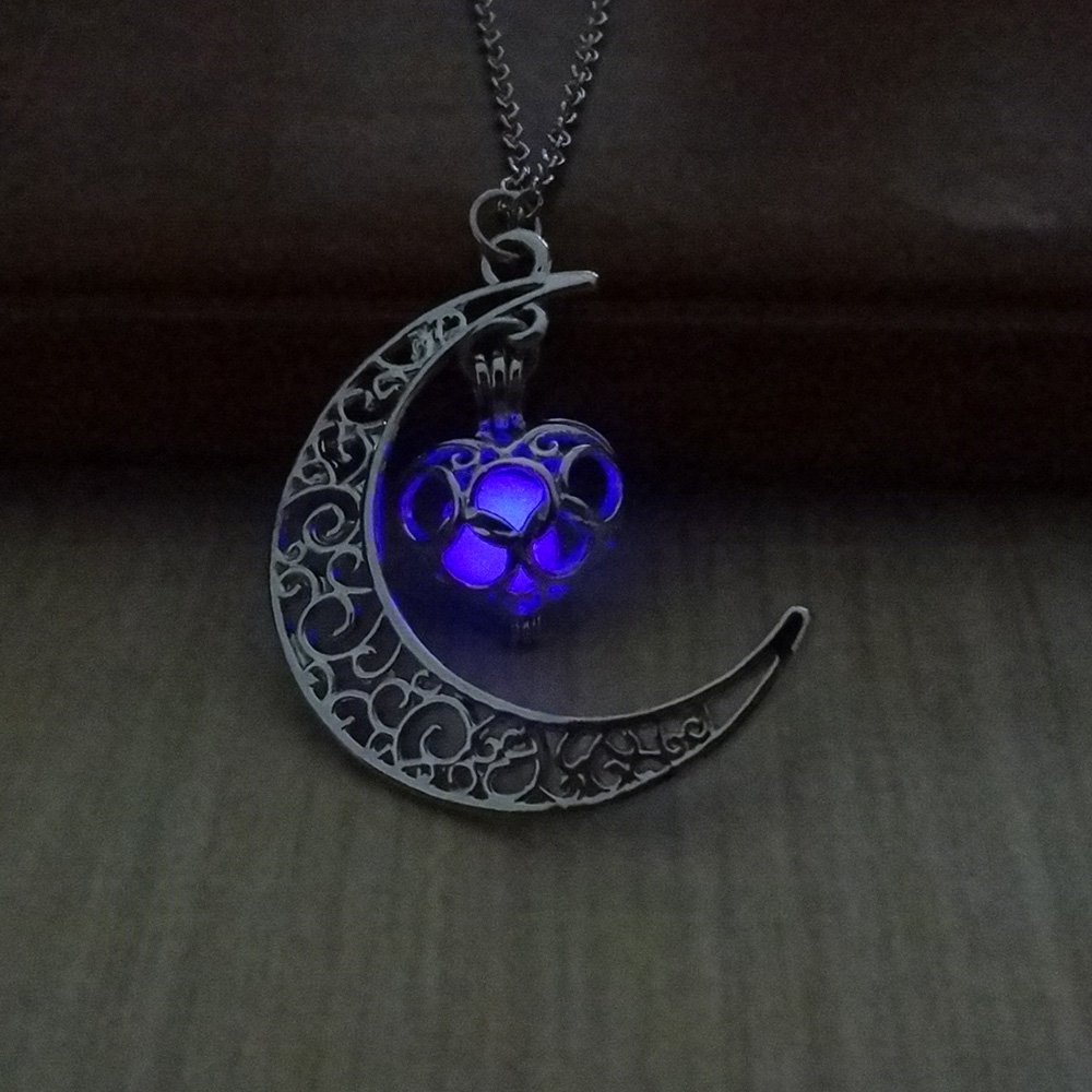 Fineder 4 Colors Luminous Series Moon Love Heart Pendant Necklace Fluorescent Necklace, Glow in the Dark Necklace