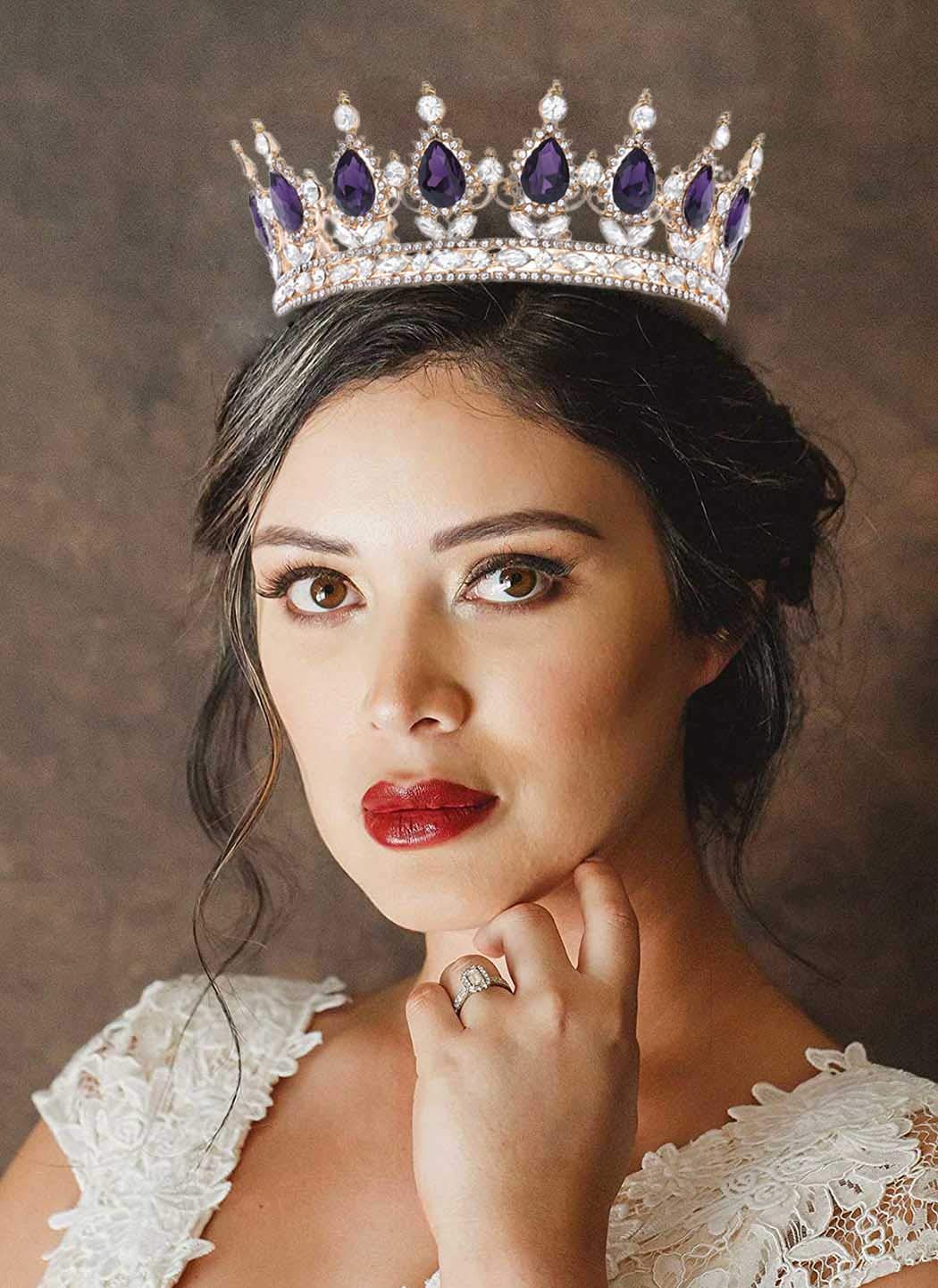 Foyte Baroque Queen Crown and Tiaras Sparkly Rhinestone Wedding Crown Bride Tiaras Princess Full Round Tiaras Headpieces for Women (Purple)