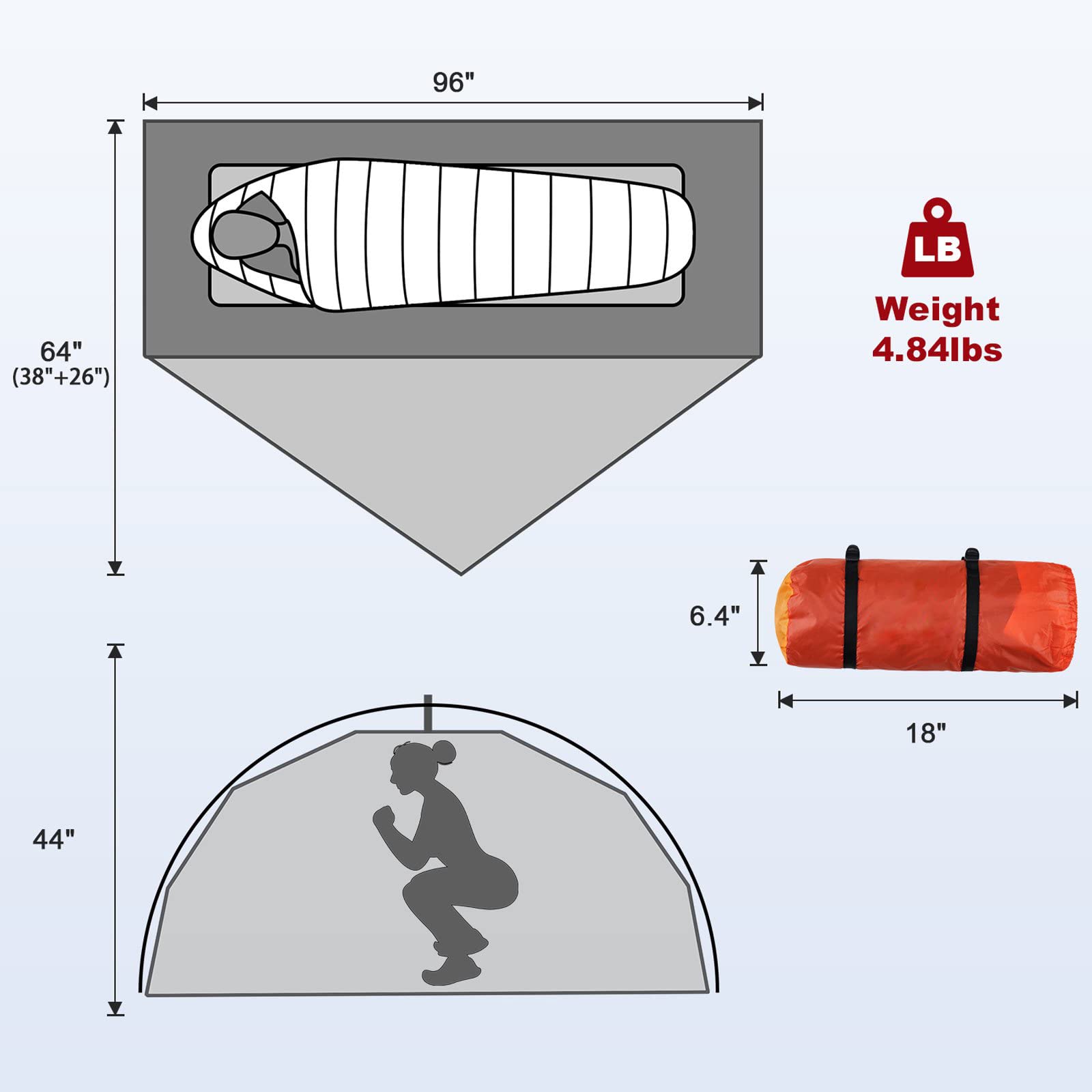Generic 1-Person Ultralight Aluminum Frame Tent, Windproof, 4.84 lbs, 96'' x 38'' x 44'', Easy Set Up, Ideal for Mountaineering, Hiking, Camping