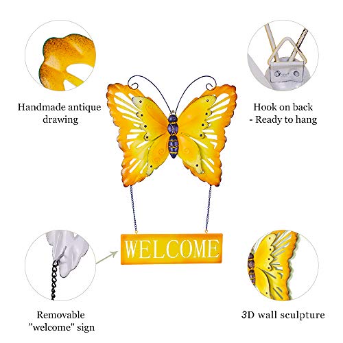 Farmhouse Wall Decor Rustic Metal Yellow Butterfly Welcome Sign Hanging Outdoor Decorations For Patio And Garden