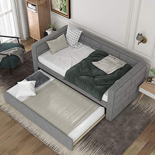 TARTOP Twin Upholstered Daybed with Trundle, Wooden Daybed Sofa Bed Frame with Padded Back, Twin Captain’s Bed for Living Room Bedroom,Gray