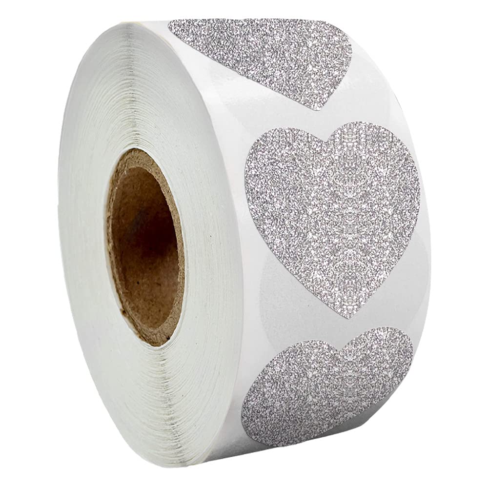 GLORYSHOP Silver Heart Stickers Roll, Glitter Dots 300 Pcs 1 Inch Self Adhesive Sticker Labels Envelope Seals for Wedding, Business, Graduation, Birthday, Party, Flower Gift Wraps