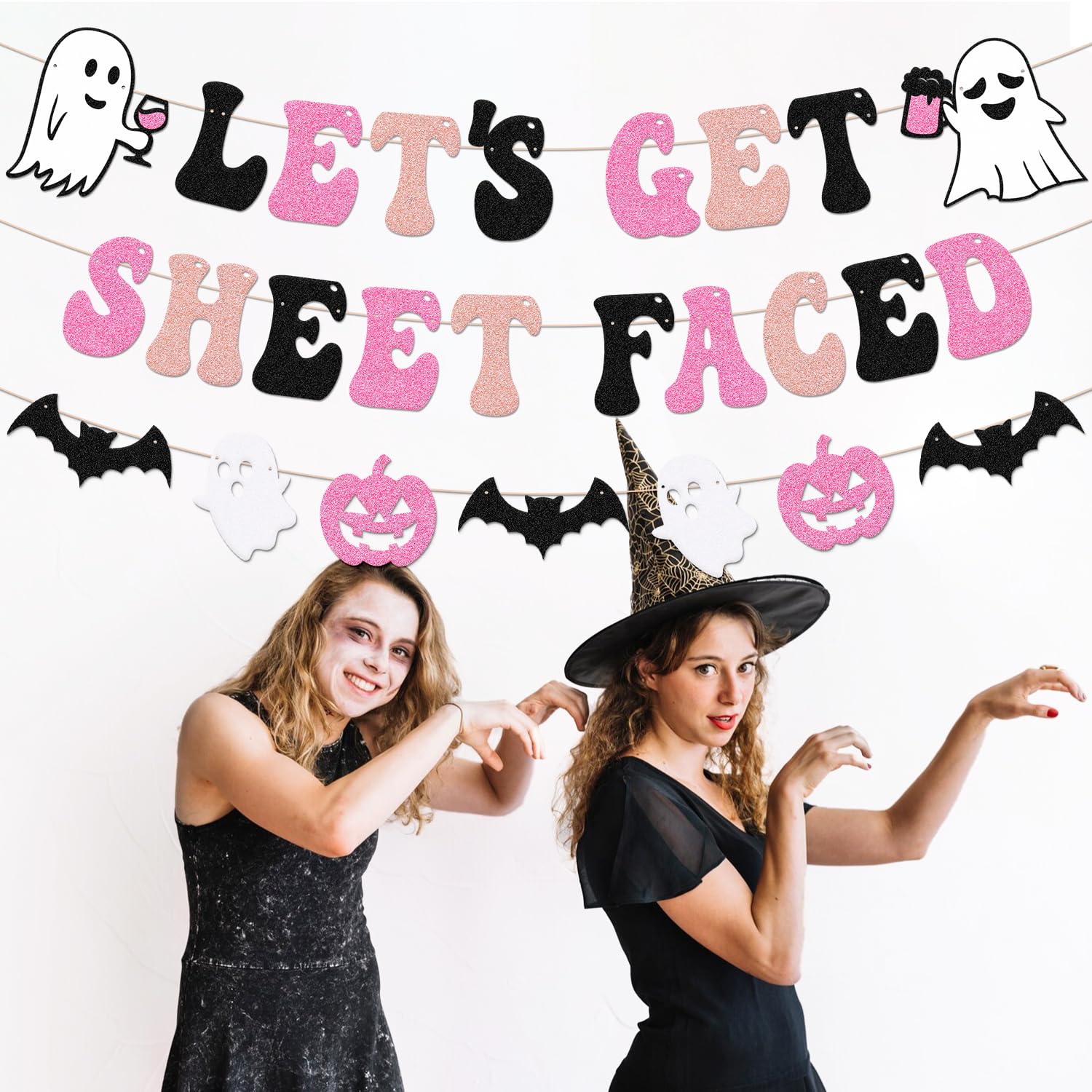 Let's Get Sheet Faced Banner Halloween Decoration Pink Hallow Banner Spooky Ghost Backdrop Boo Bat Pumpkin Haunted House Witch Poison Bar Theme Party Decor