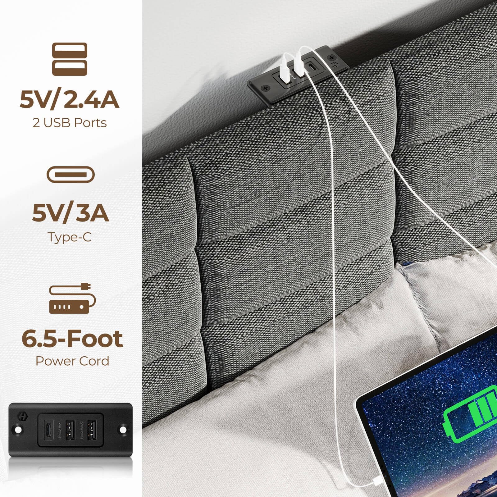 Seventable Twin Size Bed Frame with Charging Station, Upholstered Bed with Heavy Duty Wood Slats, Noise Free, Easy Assembly, No Box Spring Needed, Dark Grey