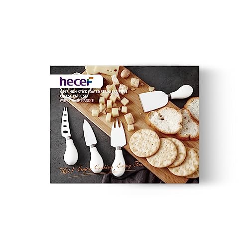 hecef Cheese Knife Set of 4, Non-Stick Coated Gift Set for Christmas, Anniversary, Party, Housewarming, Picnic, Birthdays, Wedding(White)