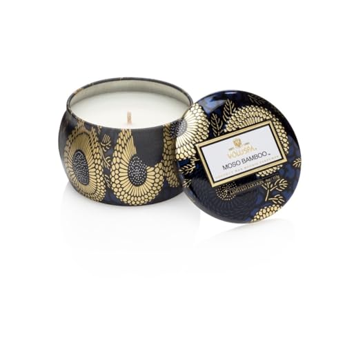 Voluspa Moso Bamboo, Mini Tin Candle, 4 Ounce, 25 Hour Burn Time, All Natural Wicks & Coconut Wax for Clean Burning, Vegan, Poured in the USA
