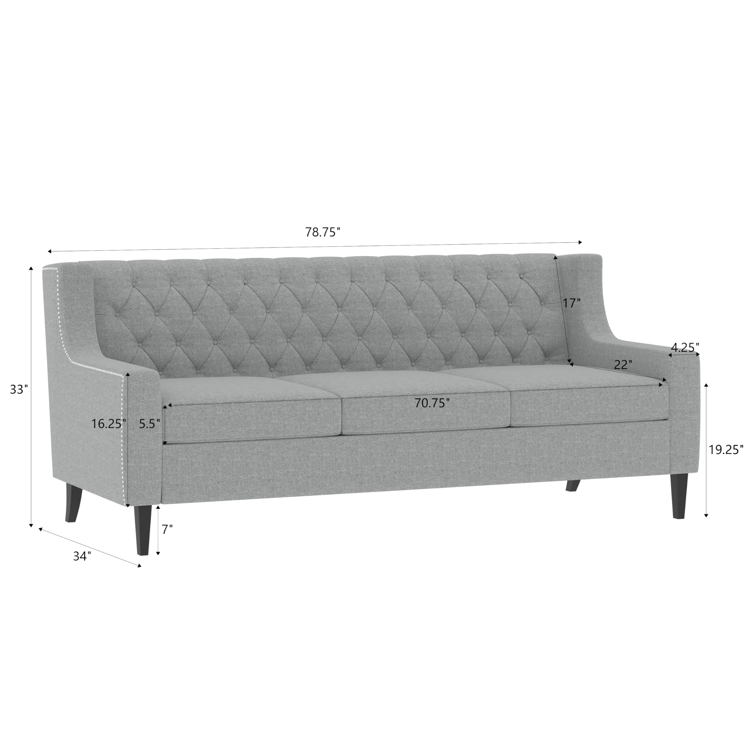 QHITTY 3 Seater Living Room Sofa, 79" Comfy Couch with High Back and Armrests, Button Tufted Mid-Century Modern Sofa, Deep Seats Sofa for Apartment, Living Room, Small Space, Apartment (Grey)