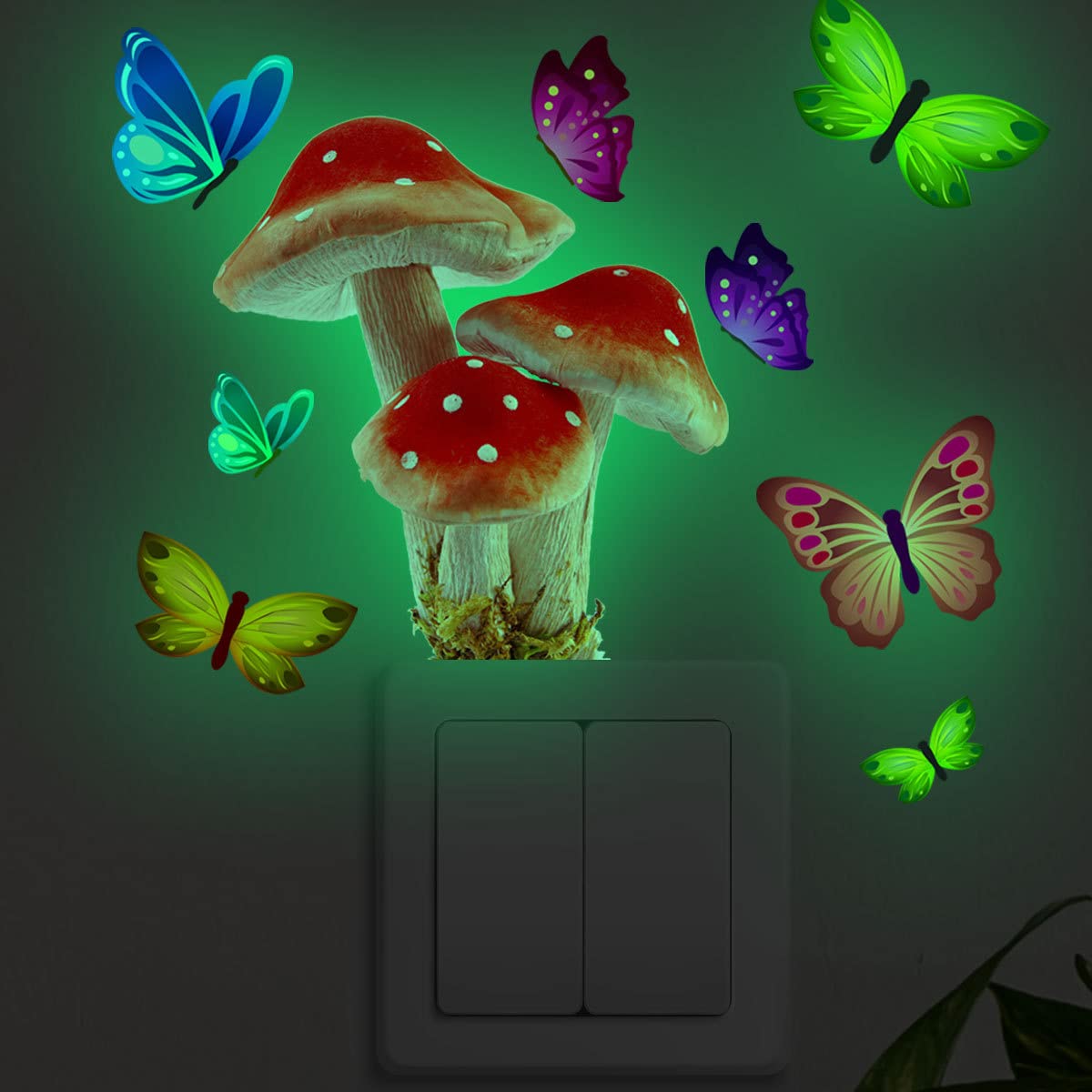 Glow in The Dark Mushroom Butterfly Wall Sticker Luminous Cartoon Flying Butterflies Light Switch Decals for Girls Bedroom Nursery Living Room Classroom Ceiling Decor Kids Gift