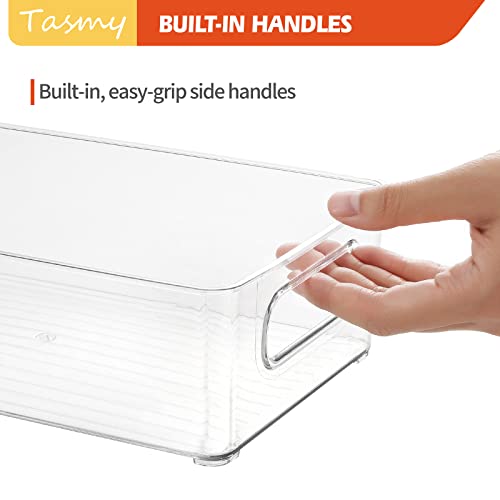 Tasmy Set of 4 Refrigerator Organizer Bins - Stackable Fridge Organizers with Handles for Freezer, Kitchen, Countertops, Cabinets - Clear Plastic Pantry Food Storage Rack, BPA Free