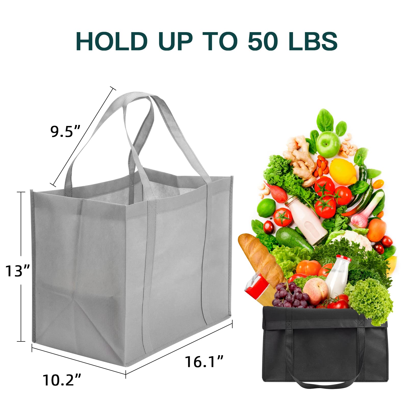 HECTOLIFE 20-Pack Reusable Grocery Bags,Large Washable Foldable Shopping Bags,Heavy Duty Tote Bags with Reinforced Handles(Black and Grey)