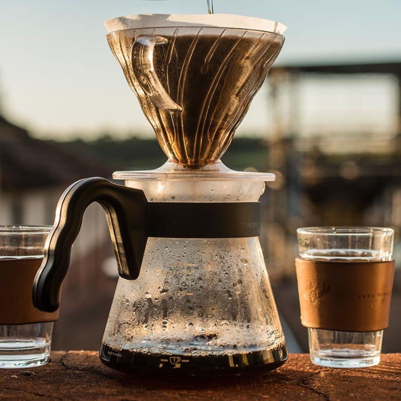 Hario Pour Over Coffee Starter Set Craft Coffee Maker Dripper, Glass Server, Scoop and Filters Size 02, Black