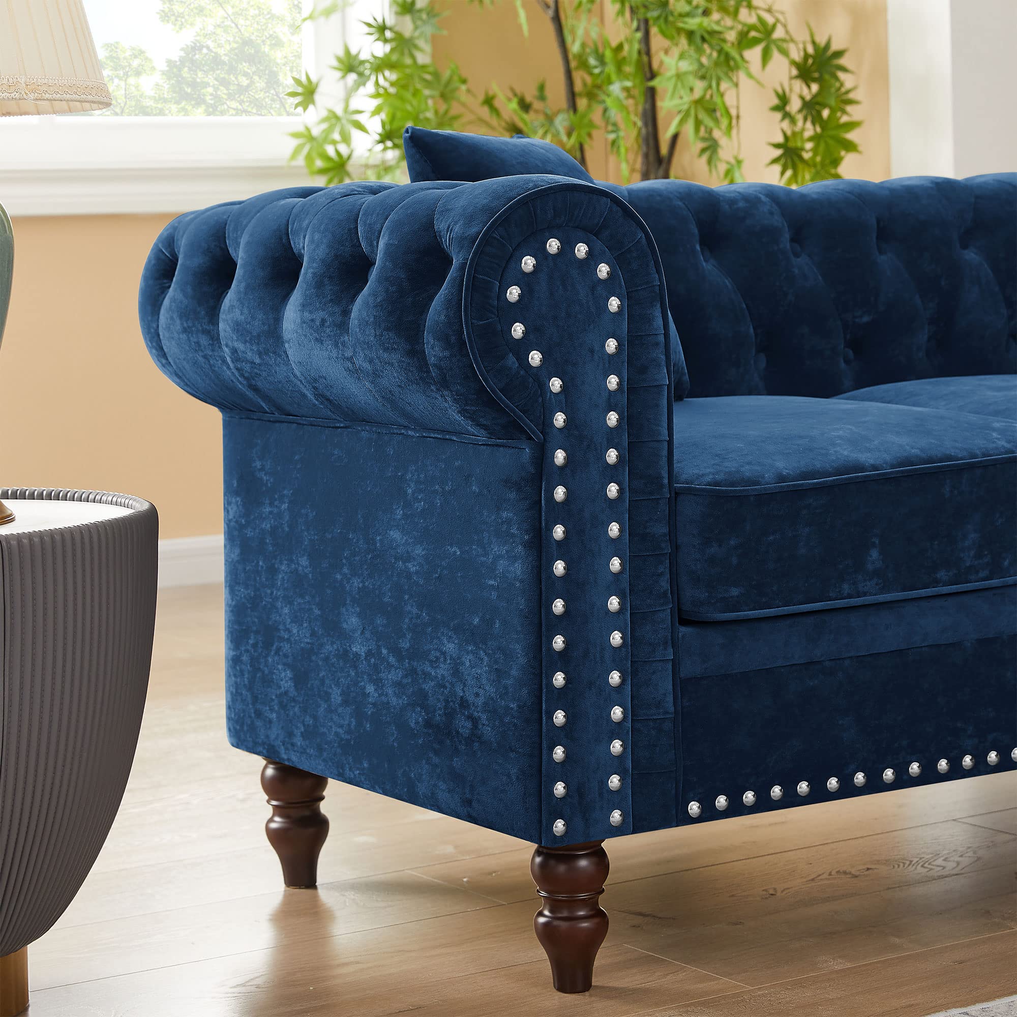 Merax L-Shaped 80" Deep Sofa Couch, Luxury Classic Chesterfield L-Shaped Velvet Sofa, Button Tufted Upholstered Sectional Corner Sofa with 3 Pillows and Solid Wood Gourd Legs, Blue Velvet