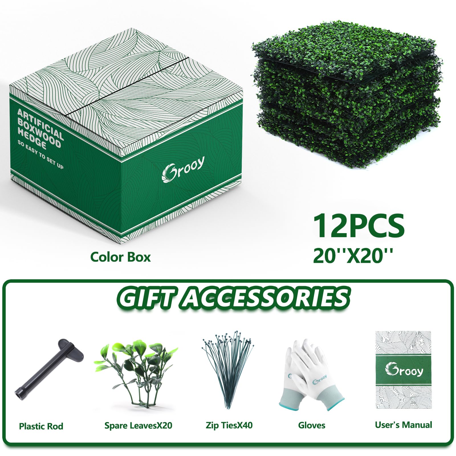 Grooy 12PCS Boxwood Panels, 20"x20" Grass Wall, Plant Wall, Grass Backdrop Wall, Privacy Screen, Sun Protected Green Wall Decor Outdoor, Indoor, Garden, Backyard and Décor