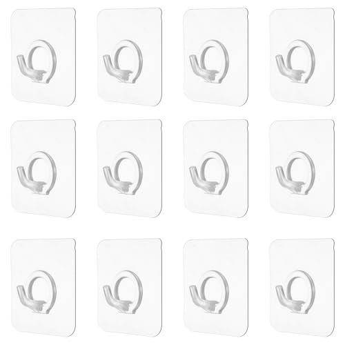 Qianyu 12 Pcs Adhesive Hooks for Hanging Clear Sticky Wall Hooks Heavy Duty Plastic Door Hooks No Drilling Strong Waterproof Sticker Hanger for Home Kitchen Bathroom Office Use