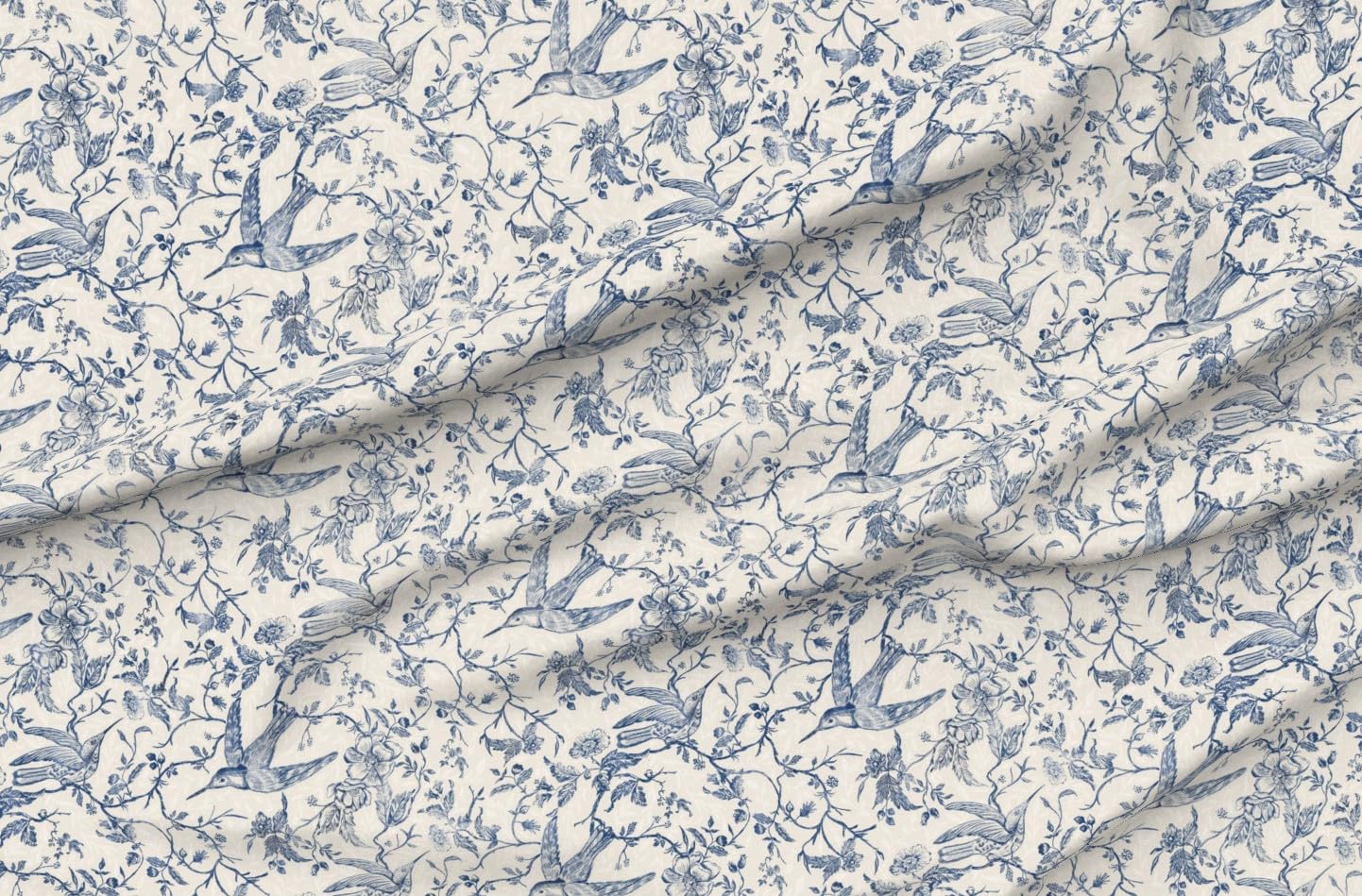 Spoonflower Fabric - Blue Floral Toile Chinoiserie Rococo French Country Vintage Birds Printed on Petal Signature Cotton Fabric by The Yard - Sewing Quilting Apparel Crafts Decor