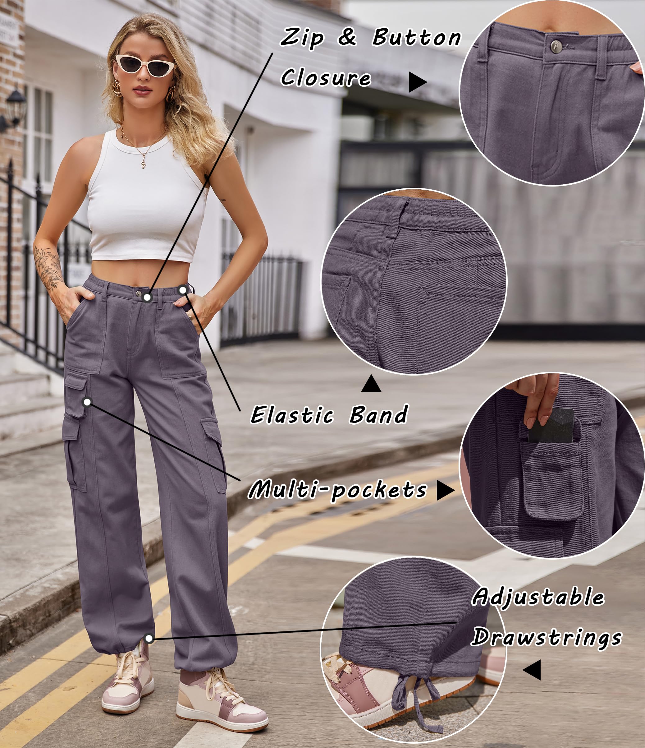 Hiistandd Women's High Waisted Cargo Pants Cotton Wide Leg Casual Pants Combat Military Work Trouser(Dark Gray,L)
