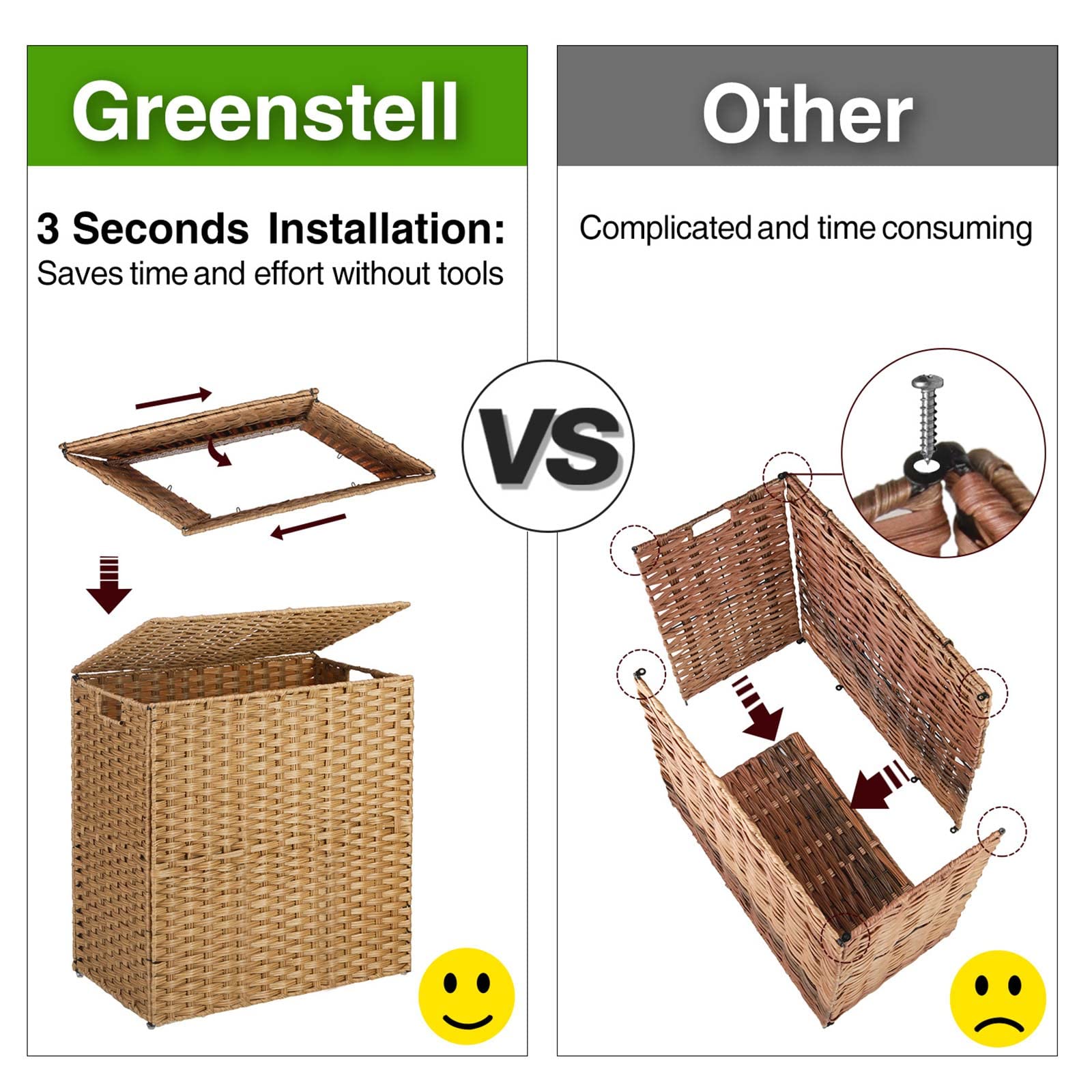 Greenstell Laundry Hamper with lid, No Install Needed, 110L Wicker Laundry Baskets Foldable 2 Removable Liner Bags, 2 Section Clothes Hamper Handwoven Rattan Laundry Basket with Handles, Natural