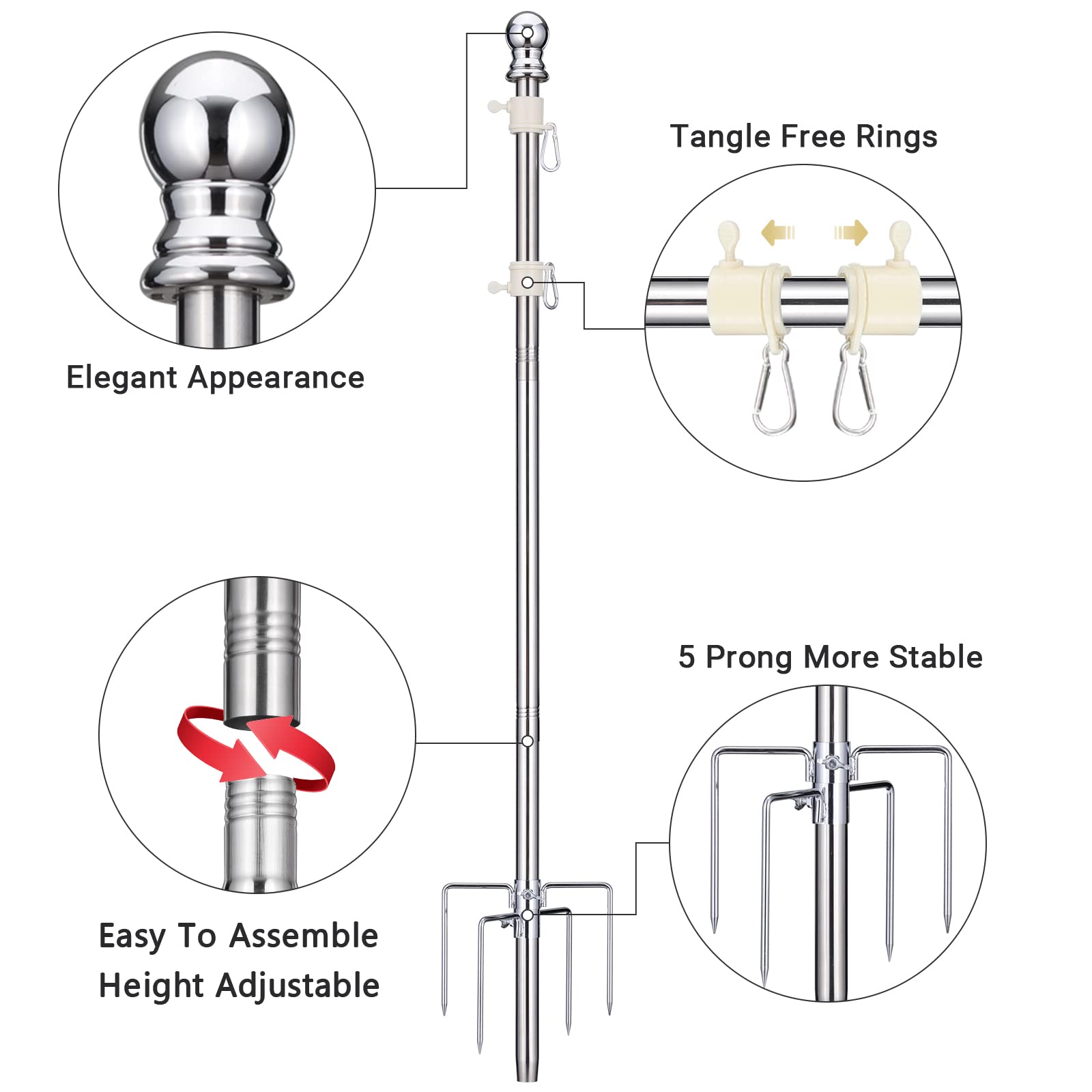 Ground Flag Poles for Outside House - 1" Tangle Free Flag Pole for House with 5 Prong - 9ft Yard Flag Stand for Outdoor,Wind Resistant & Rustproof - Silver
