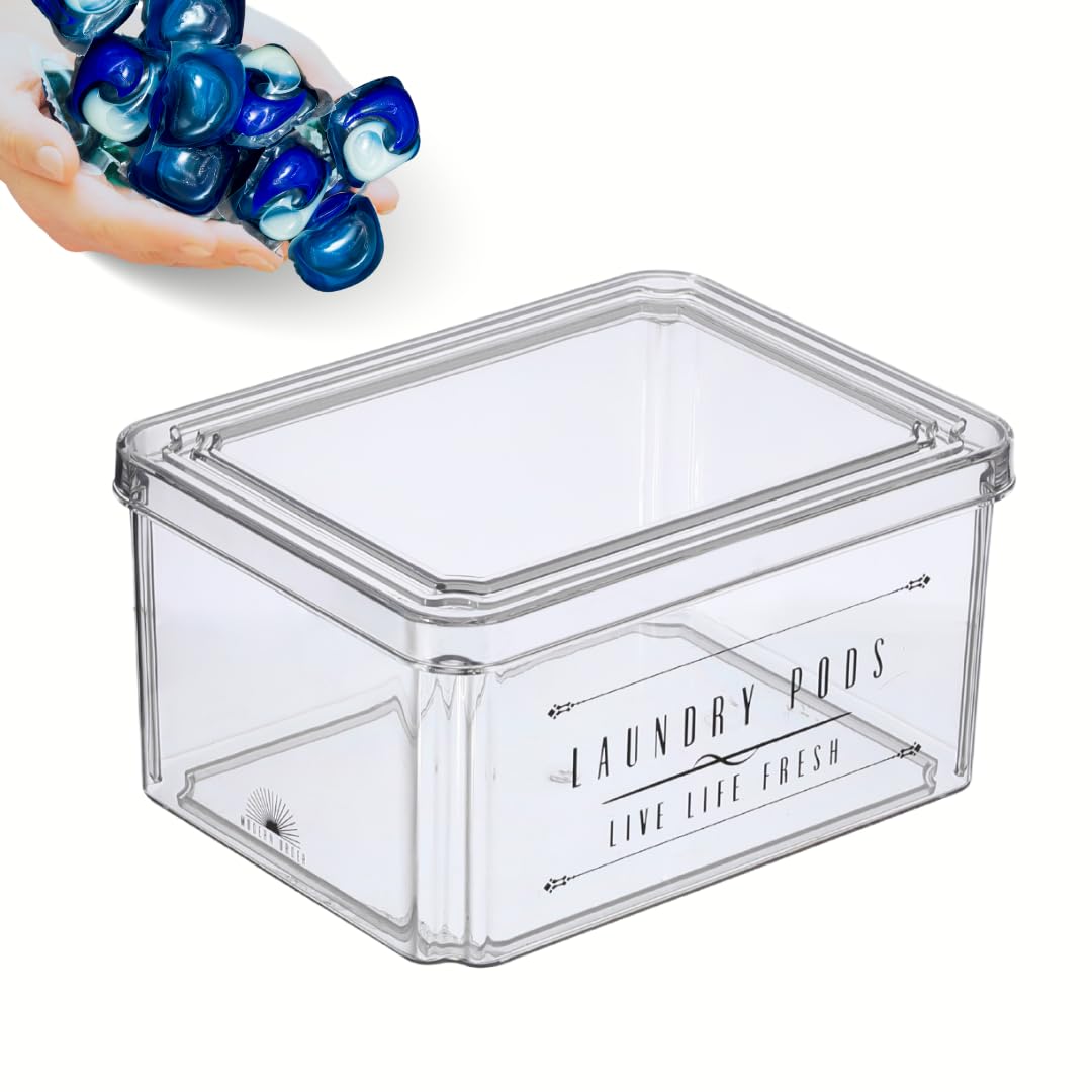 Modern Order Premium Laundry Detergent Pods Container, Clean & Clear Pod Pacs, Beads, Dryer Sheet Holder, Stackable Laundry Room Storage, Rectangle Box with Lid, Home Decor, Medium, Clear/Black