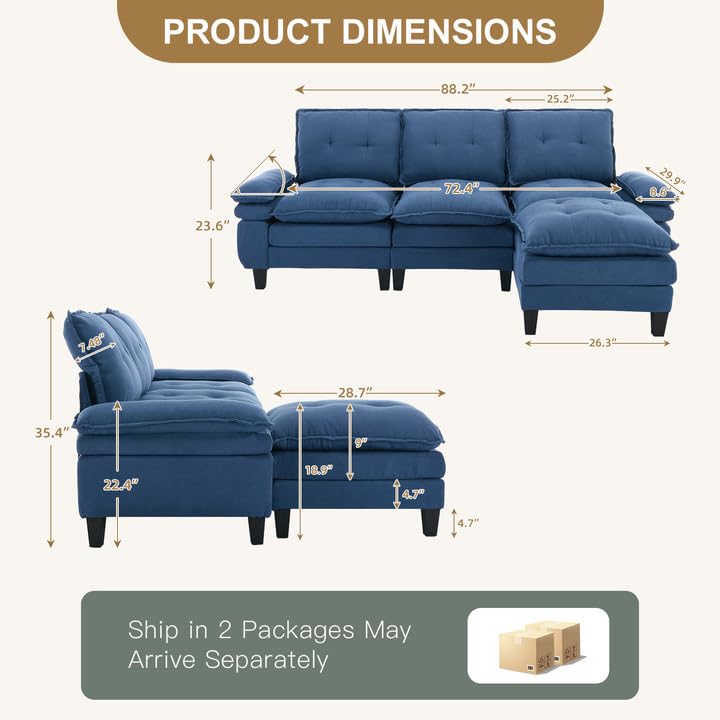 Modern Sectional Cloud Couch Deep 3-Seat, L Shape Sofa Couch with Moveable Ottoman, Adjustable Wide Arm, Comfy Upholstered Sleeper Sofa for Living Room and Small Apartments, Office