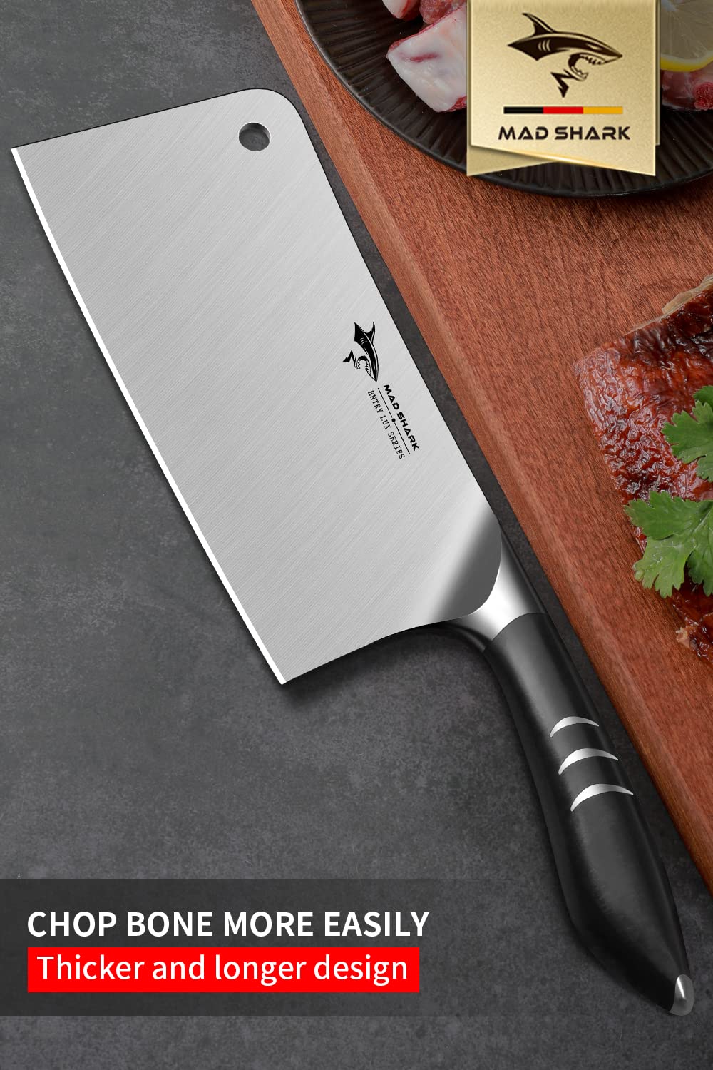 MAD SHARK Meat Cleaver & Heavy Duty Bone Chopper Knife 7.5 Inch, German High Carbon Stainless Steel Butcher Knife for Home Kitchen