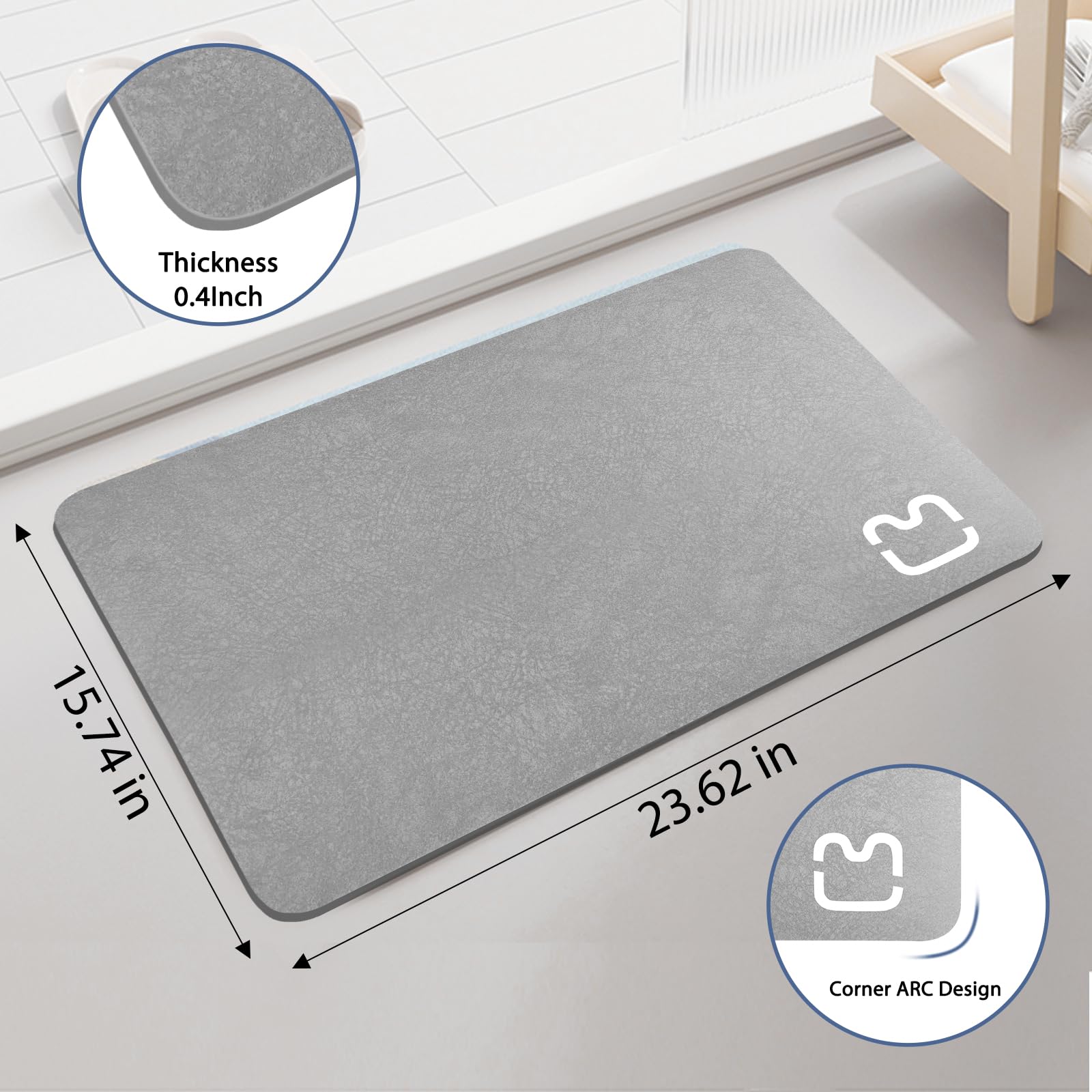 Esycooying Simple-Thin Diatomaceous Bath Mat Bathtub mat, Fast Drying Bath Mat Non-Slip Shower Mat Super Absorbent Bathroom Floor Mat,Machine Washable, Size 15.7" x 23.6",Grey