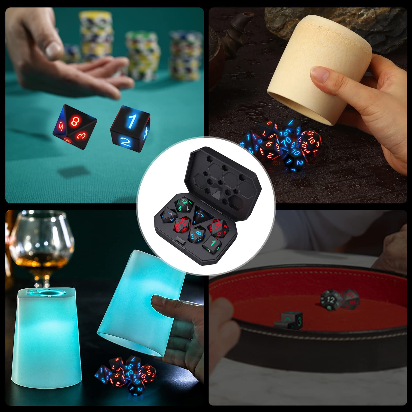 Glowing Dice Set, 7Pcs Light Up Dice Polyhedron with Charging Box, USB Rechargeable Electronic Dice, Luminous DND Dice Glowing in The Darkness, Role Playing Table Games, D&D, TTRPG Games