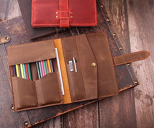 Robrasim Leather Pencil Case Pouch, Handmade Artist Draw Pen Case Roll, Rustic Leather Painting Brush Case and Tool Organizer, Brown