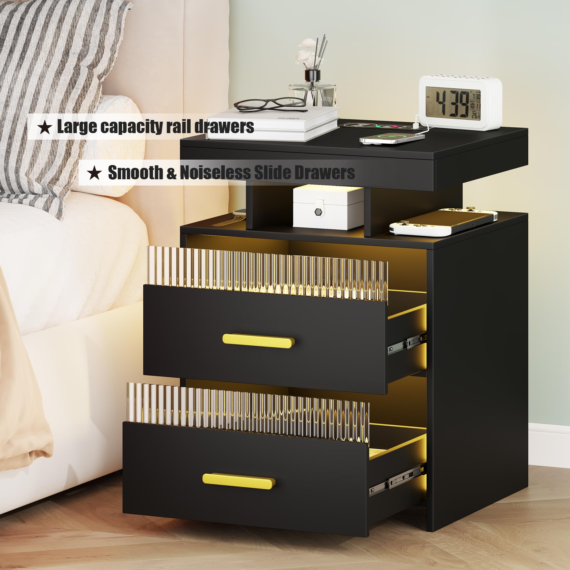 Nightstand with Charging Station and LED Lights, Night Stand with 2 Drawers, Wood Smart Bedside Table, Modern Bed Side Table for Bedroom, Black