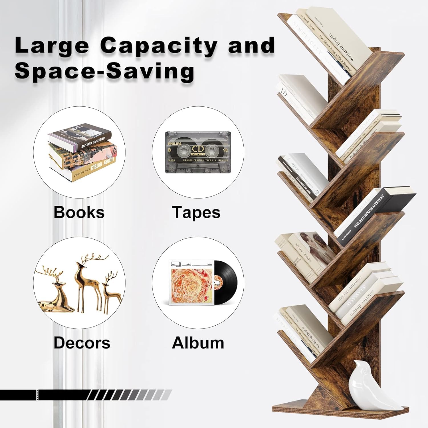 Function Home 9 Tier Tree Bookshelf, Modern Tall Geometric Bookcase, Freestanding Book Shelf, Wood Floor Storage Shelf for Living Room, Bedroom, Home Office,Rustic Brown
