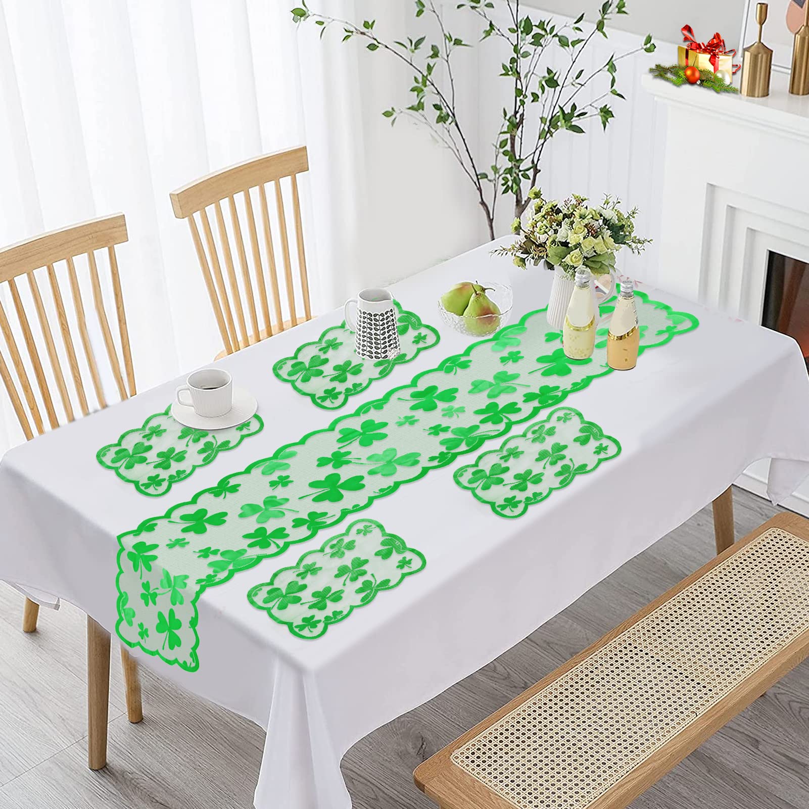St. Patrick's Day Table Runner 11.8"x70.8",with 4 PCS Placemats,Green Clover Table Placemats for St Patricks Day Decorations,Spring Party Decoration,Decor Supplies
