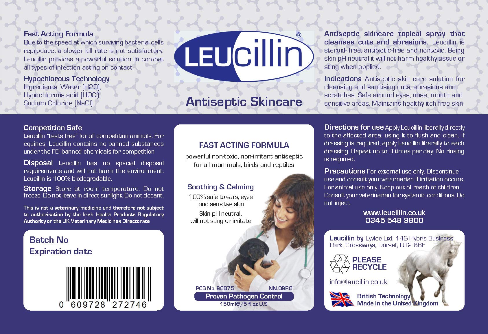 Leucillin Natural Antiseptic Spray for Dogs, Soothes Itchy Skin and Promotes Healing, Effective Treatment for Dogs, Wound and Skin Care Solution for Pets, First Aid Kit Essential - 150ml