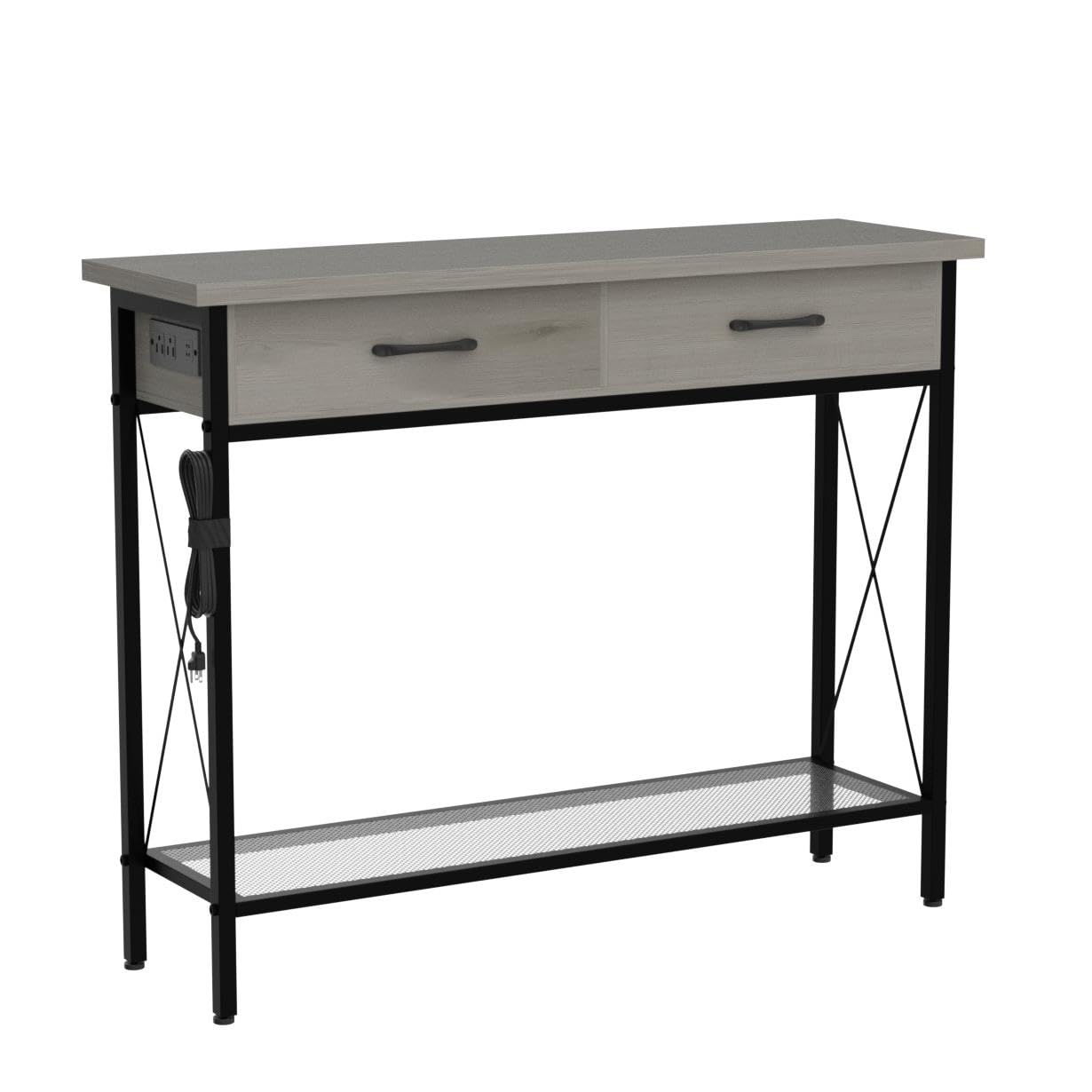 Entryway Table with 2 Drawers for Storage, 39.3''Console Table with Charging Station, Industrial Grey Sofa Table with Storage Shelves for Living Room, Couch, Hallway, Foyer, Entryway, Kitchen-2 Tier
