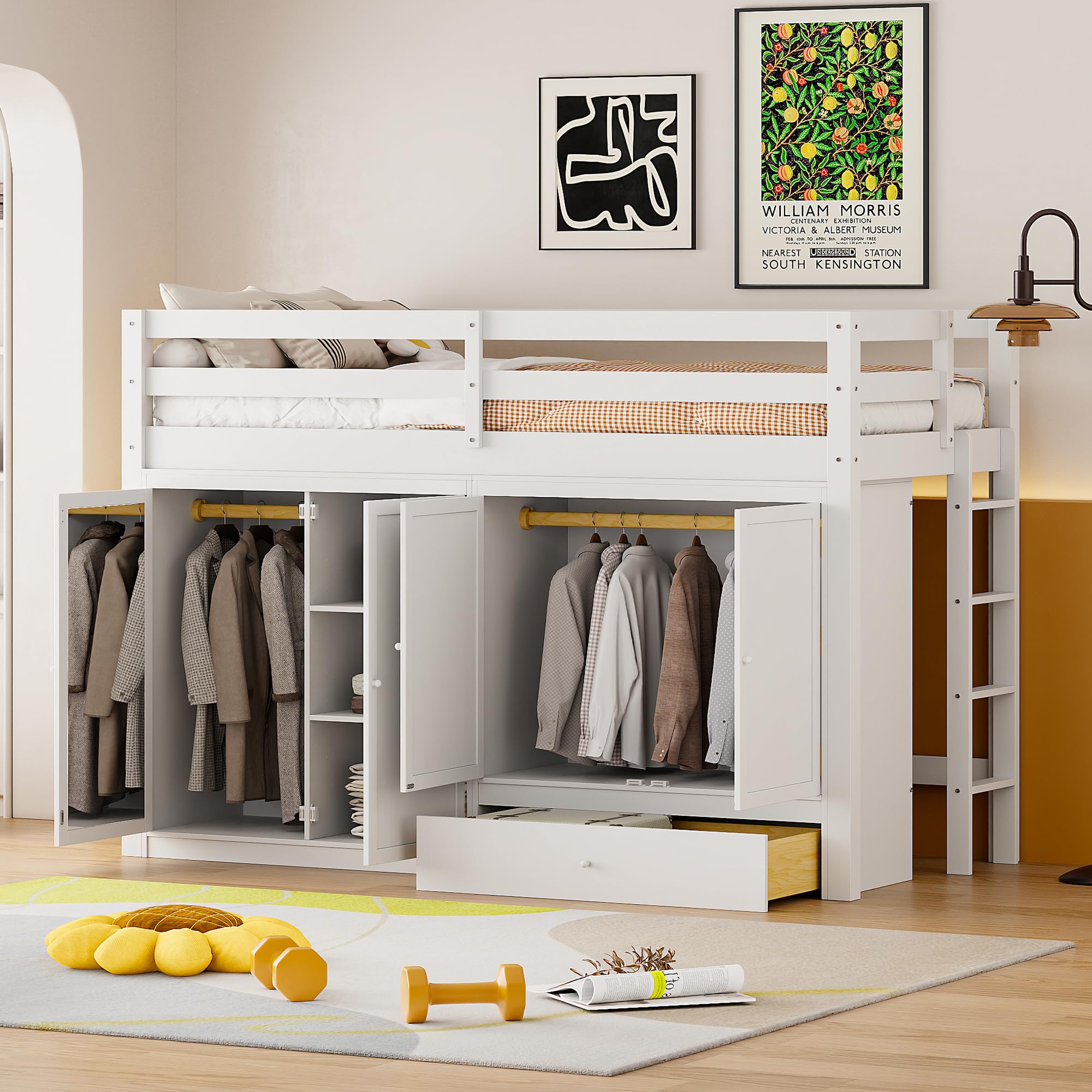 Merax Twin Size Wood Loft Bed with Drawer, Two Wardrobes, and Mirror, Wooden Bedframe with Ladder and Safety Guardrail for Boys Girls Adult, No Spring Box Needed, White