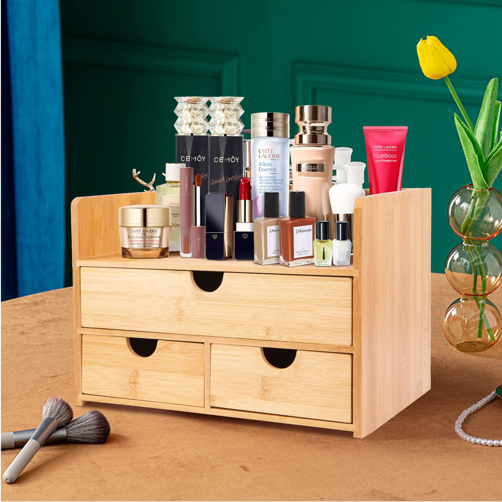 TOLONAG Large Bamboo Makeup Organizer with 1 Drawer and 2 Smaller Drawers, 100+1 Uses, Durable and Smooth