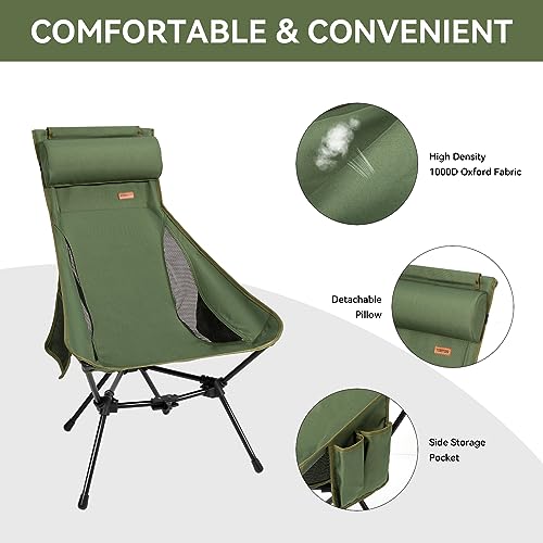 TOBTOS High Back Camping Chair, Lightweight Camping Chair with Headrest, Stable Portable Folding Chair for Outdoor Camp, Hiking, Backpacking (Green)