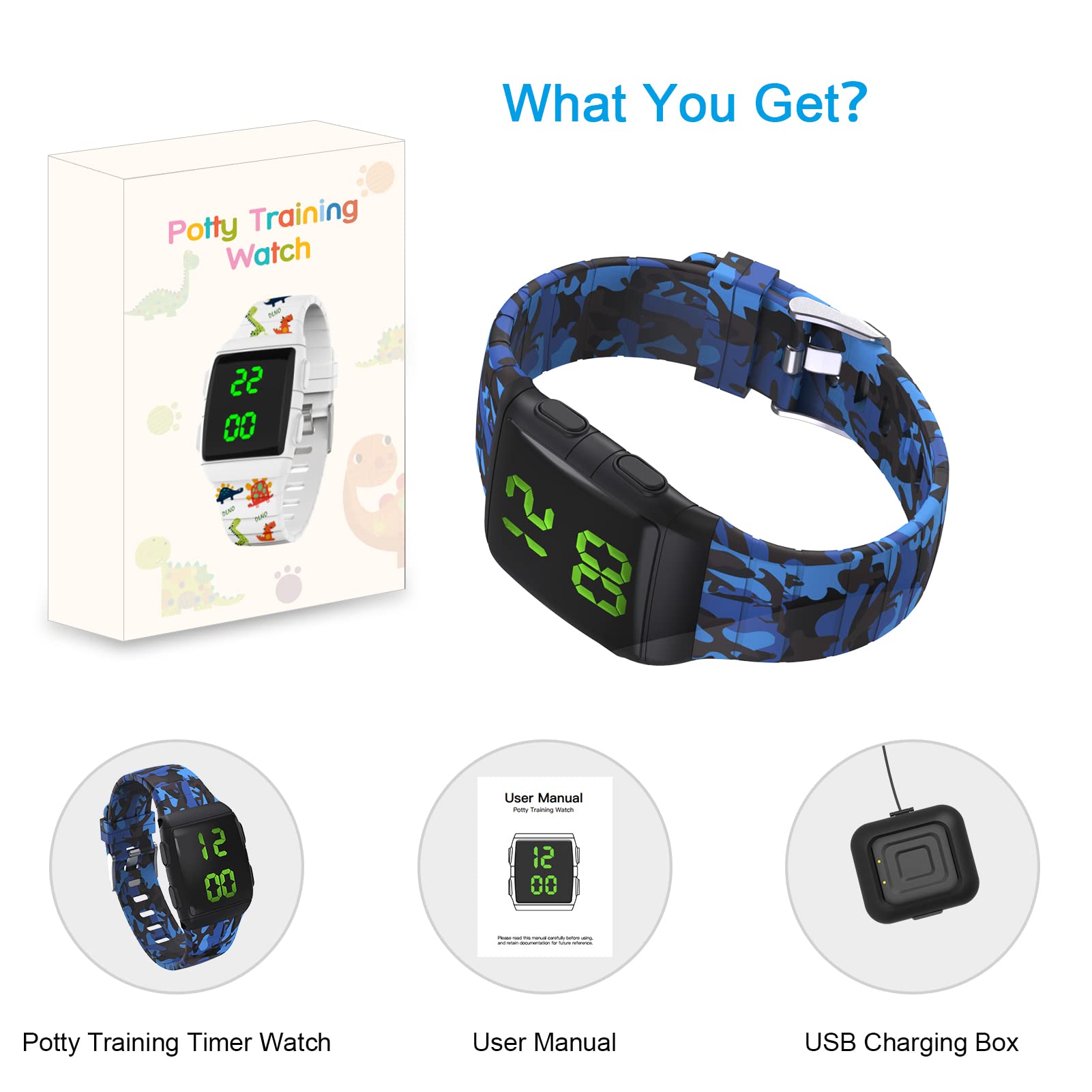 Premium Potty Training Timer Watch, with Countdown Timer - Water Resistant, Rechargeable, Easy to Wear and Set-Up, Smart Sensor, for Babies, Toddlers and Kids Potty and Toilet Training Watch (Blue)