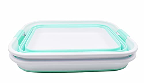 SAMMART 42L Collapsible Plastic Laundry Basket - Foldable Pop Up Storage Container / Organizer - Portable Washing Tub - Space Saving Hamper / Basket (White/Light Green (Set of 2))