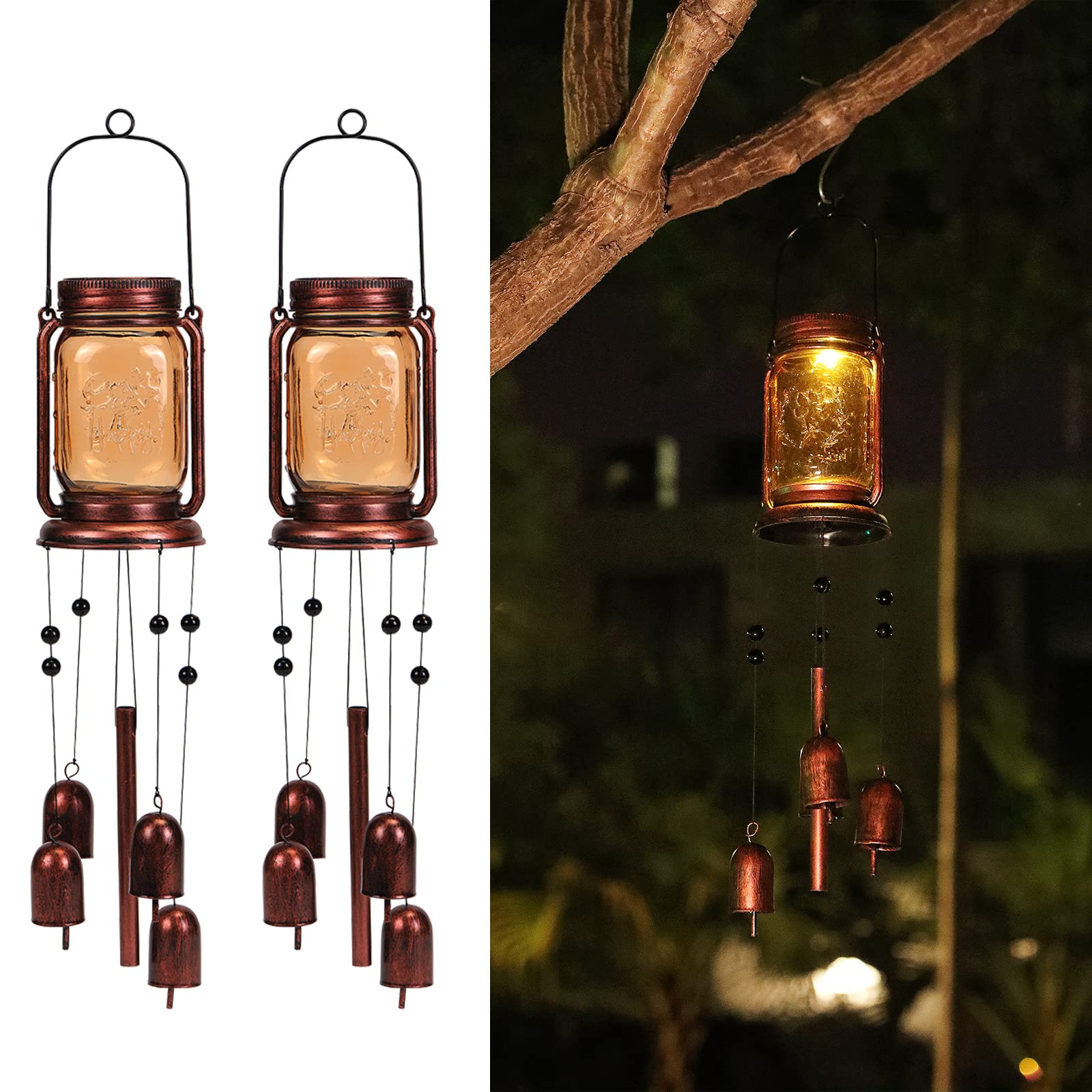 Gthmine Solar Wind Chimes for Outside,Mason Jar Wind Chime Light,Waterproof Windchimes for Garden,Patio Decor,Memorial Wind Chimes,Birthday Gift for Mom,Wife,Grandma,Neighbors (2 Pack)