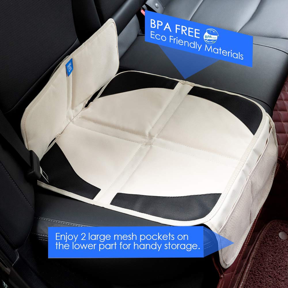 Funbliss car seat Protector for Child car seat Beige Thick Padding Carseat Kick Mat with Organizer Pockets,Waterproof 600D Fabric,Vehicle Dog Cover Pad for SUV Sedan Leather Seats(2 Pack)