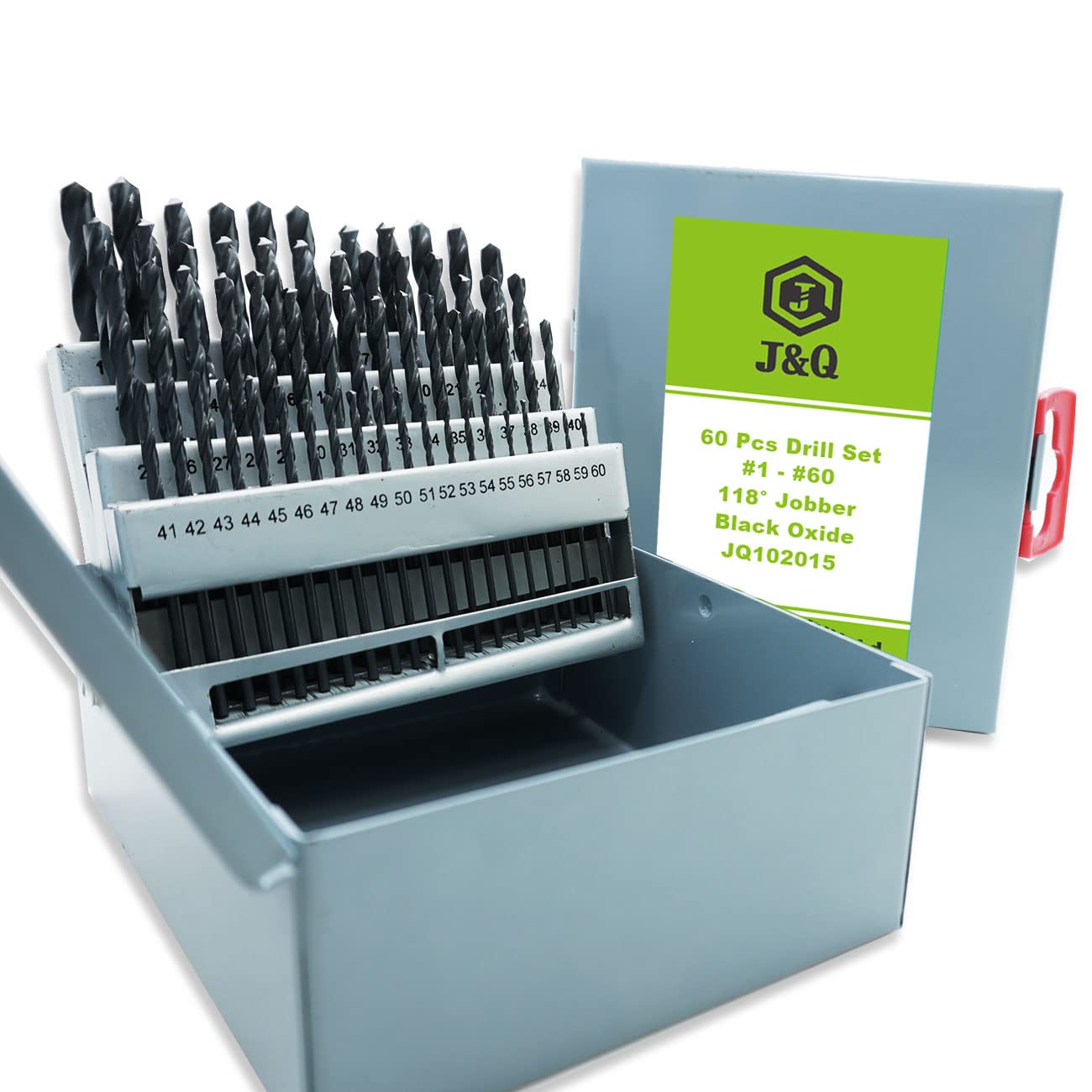 J&Q Numbered Drill Bit 60 Pieces High Speed Steel Drill Bit Set (Wire Sizes: #1,#60) with Black Oxide Finish,118 Degrees Point, General Purpose, Aluminum Alloy, and Composite Materials