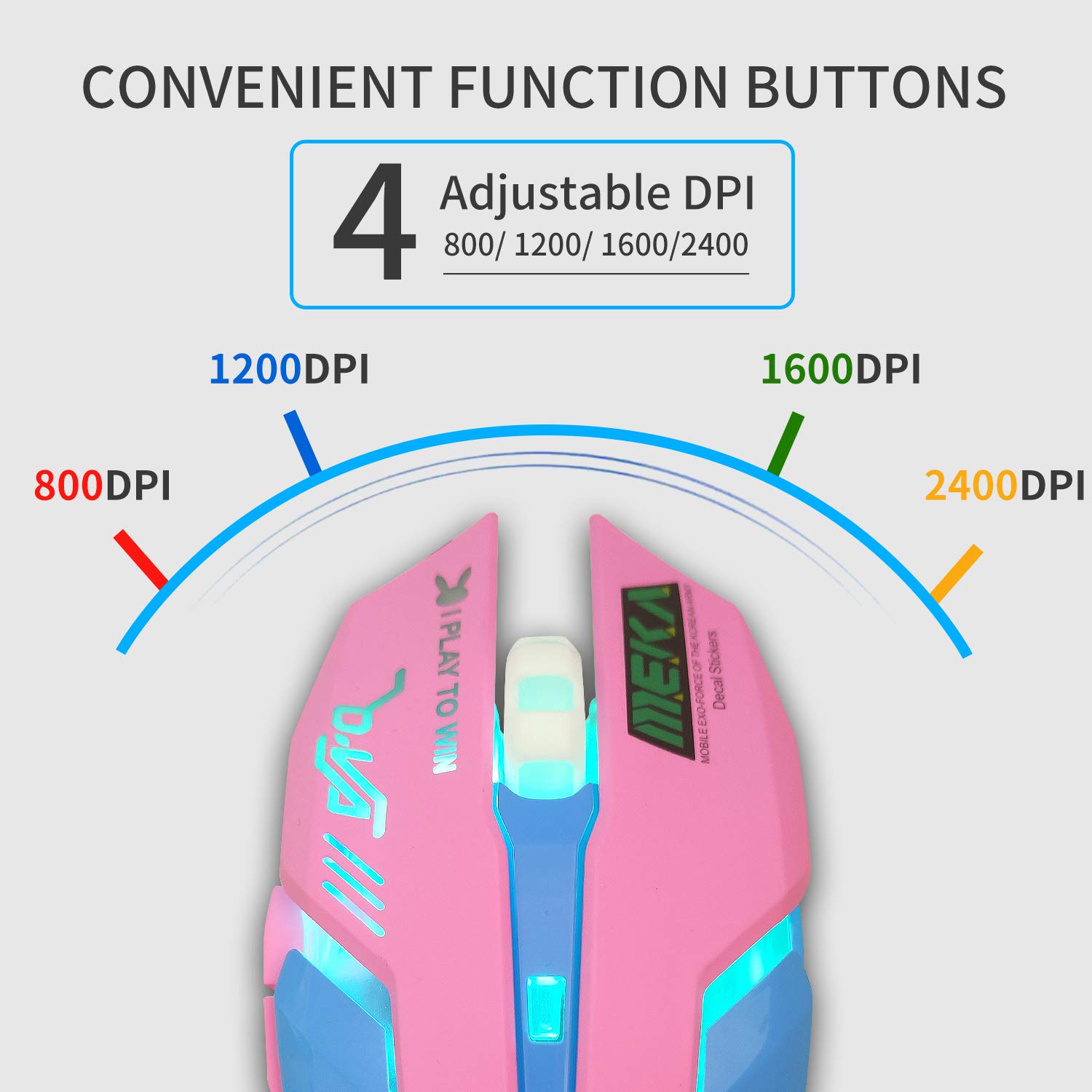 Greshare Gaming Mouse,7 Colors Backlit Optical Game Mice Ergonomic USB Wired with 2400 DPI and 6 Buttons 4 Shooting for Computer/Win/Mac/Linux/Andriod/iOS. (Pink & Blue)