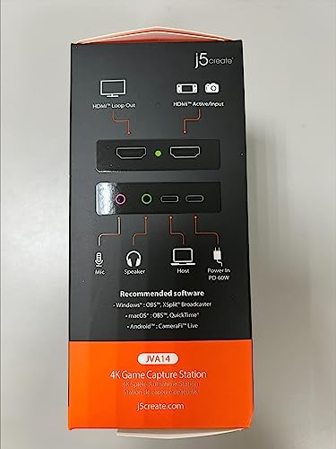 j5create 4K Game Video Capture Card with PD 60W Pass-Through Charging, Stream and Record 4K Video on PS5, PS4, Xbox, Switch, Work with OBS, Twitch, YouTube (JVA14)