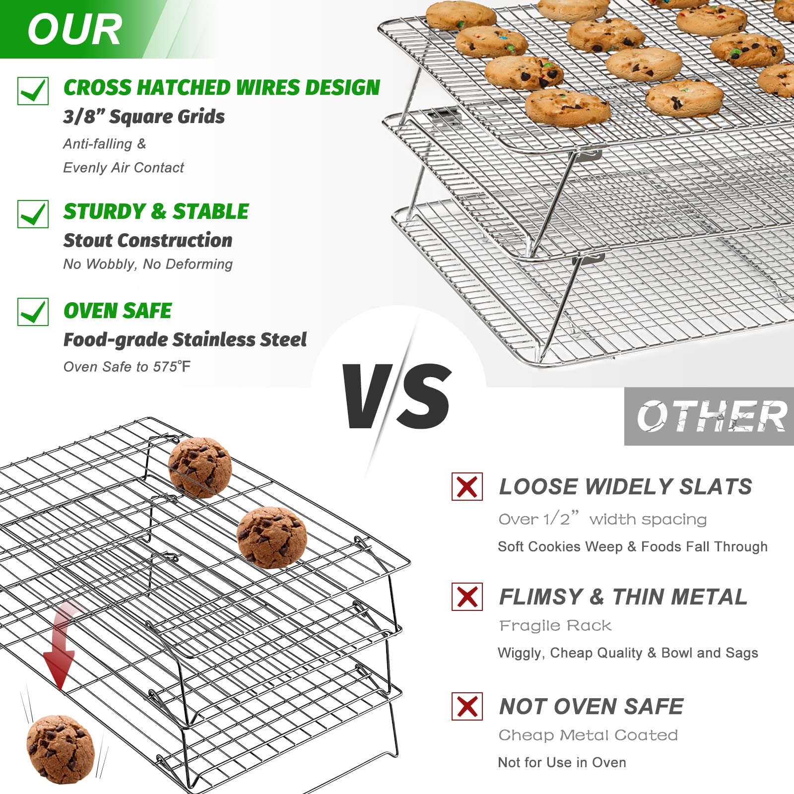 HIWARE Stainless Steel Stackable Cooling Rack for Baking, 3 Tier 12βx 16.5β,Oven & Dishwasher Salf and Fit Half Sheet,Wire Cooling Racks for Cookie, Pizza, Cake