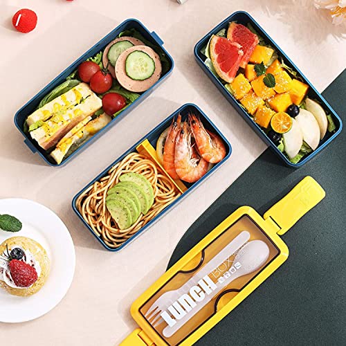 Rarapop 2 Pack Stackable Bento Lunch Box Kit for Kids, 3-In-1 Compartment Wheat Straw Lunch Containers with Tableware, Reusable On-the-Go Meal and Snack Containers (Green,Blue)